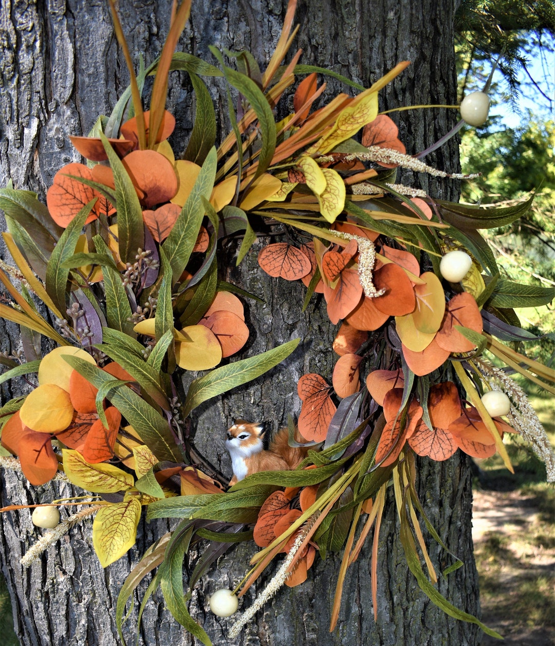 Red Fox Theme Wreath Fox in Meadow for Front Door Wreath Eucalyptus ...