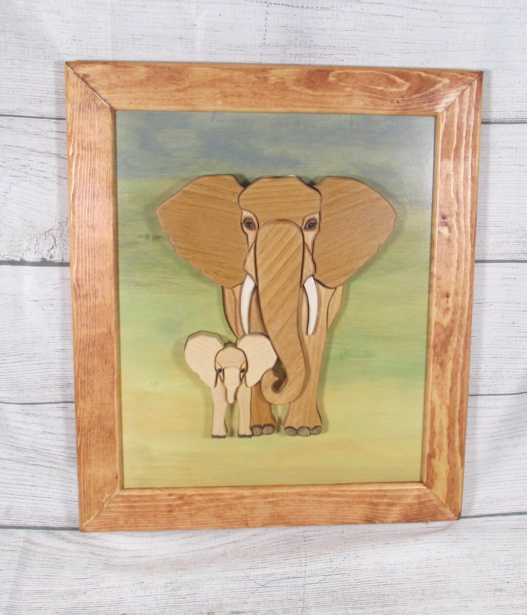 Elephant Mom and Baby Portrait Wall Wood Intarsia Art - Etsy