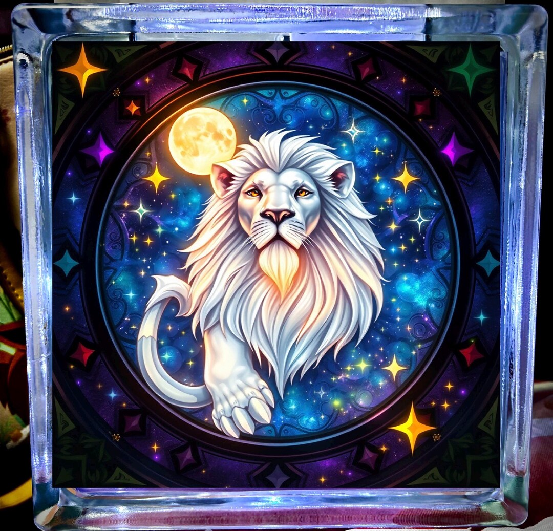Celestial Lion Leo Zodiac Glass Light – 7x7 Illuminated Art Block | Leo ...