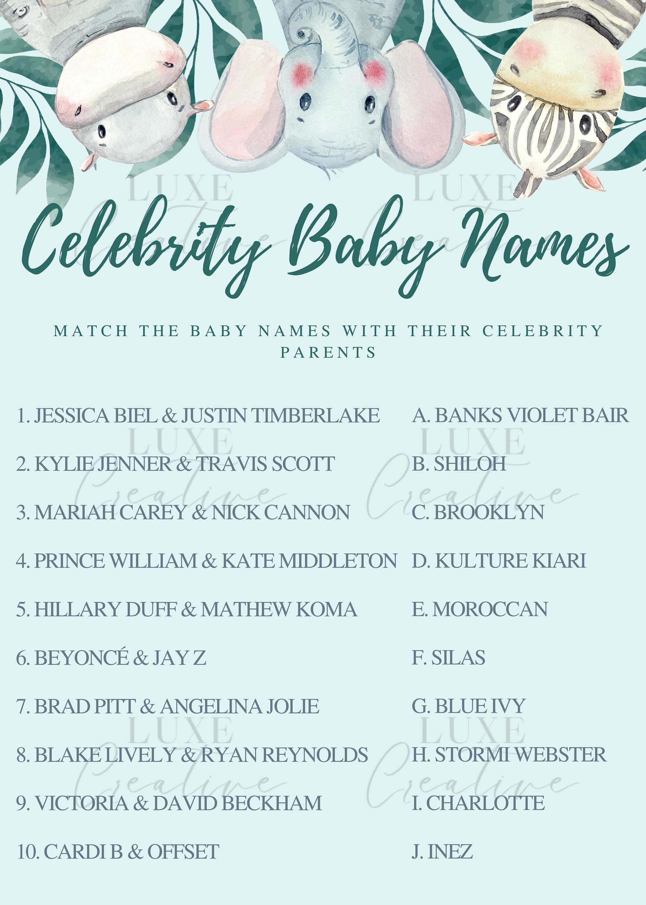 Baby Shower Games Bundle/ Celebrity Babies/ Baby Animals/ Baby Names A ...