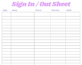 Sign in and Out Sheet Printable Form, Digital File, Instant Download ...