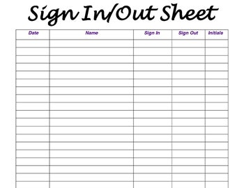 Sign in and Out Sheet Printable Form, Digital File, Instant Download ...