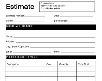 ESTIMATE-INVOICE Template Form Black White Scale Printable Form Instant ...