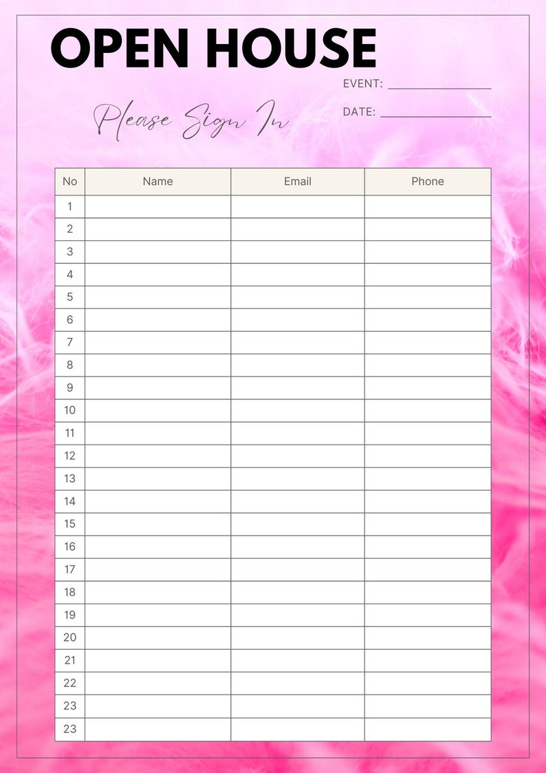Editable Open House Sign-in Sheet PDF – Guest List Template for ...