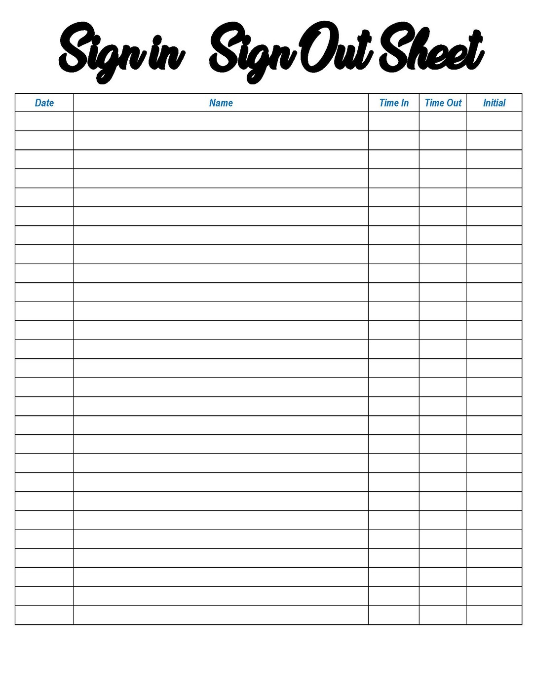 Sign in and Out Sheet Printable Form, Digital File, Instant Download ...