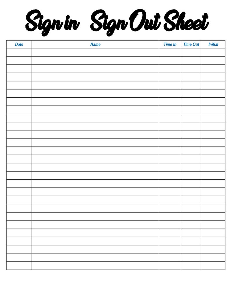 Sign in and Out Sheet Printable Form, Digital File, Instant Download ...