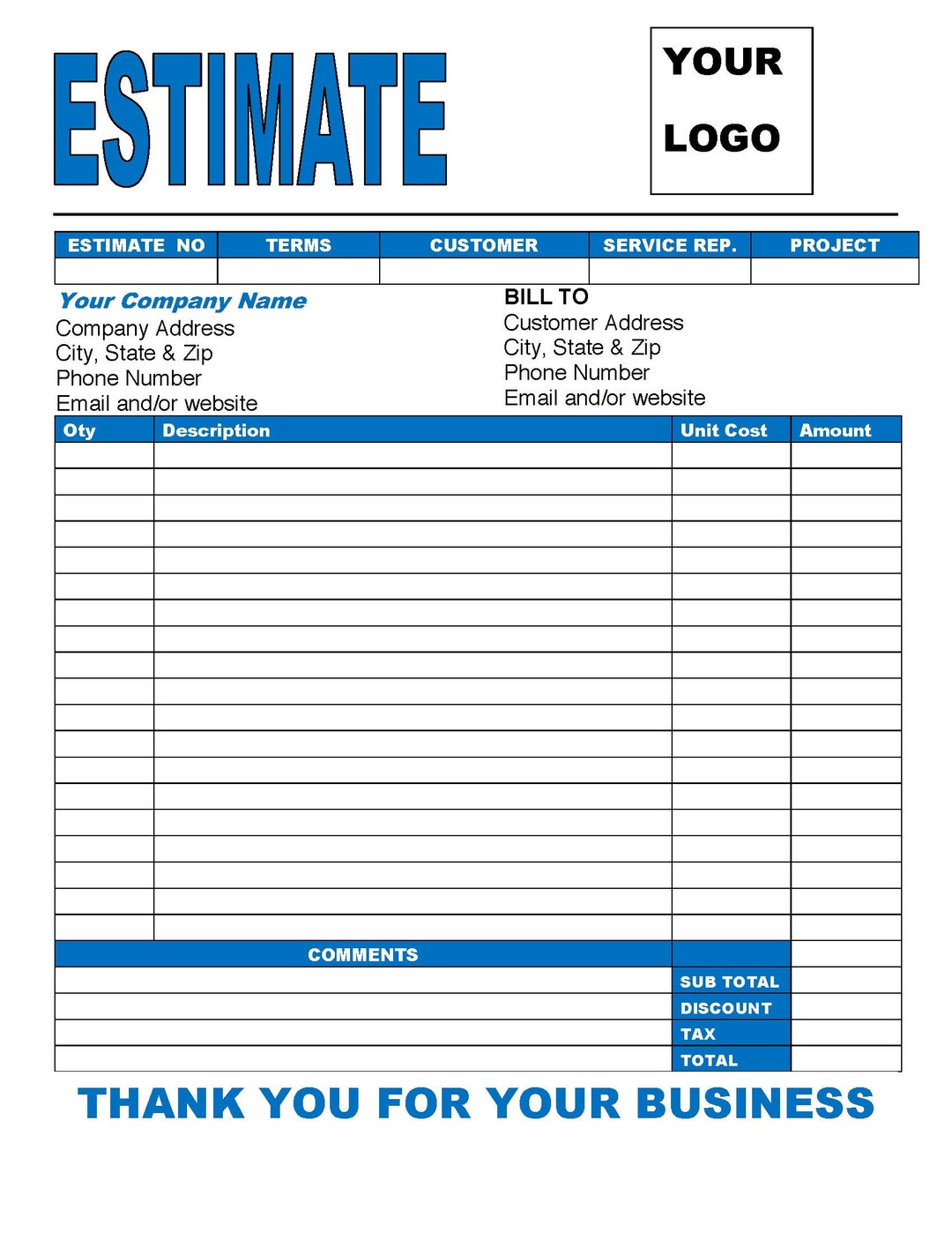 ESTIMATE-INVOICE Template | Blue | Word | Printable | Instant Download ...