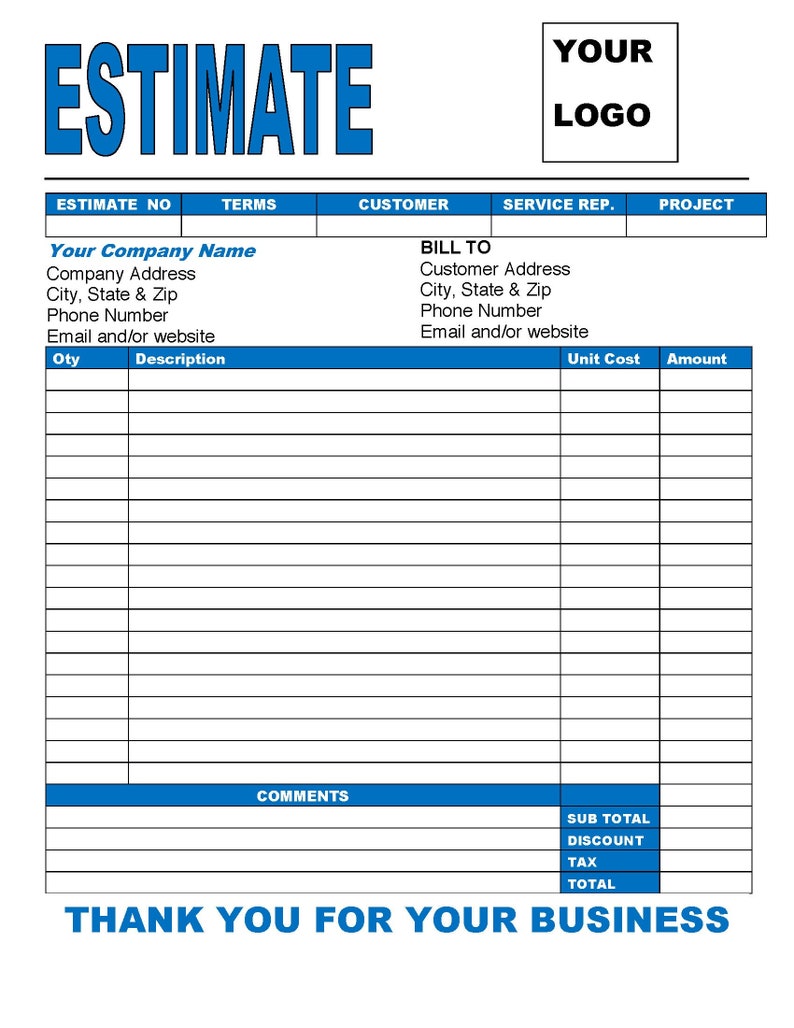ESTIMATE-INVOICE Template | Blue | Word | Printable | Instant Download ...