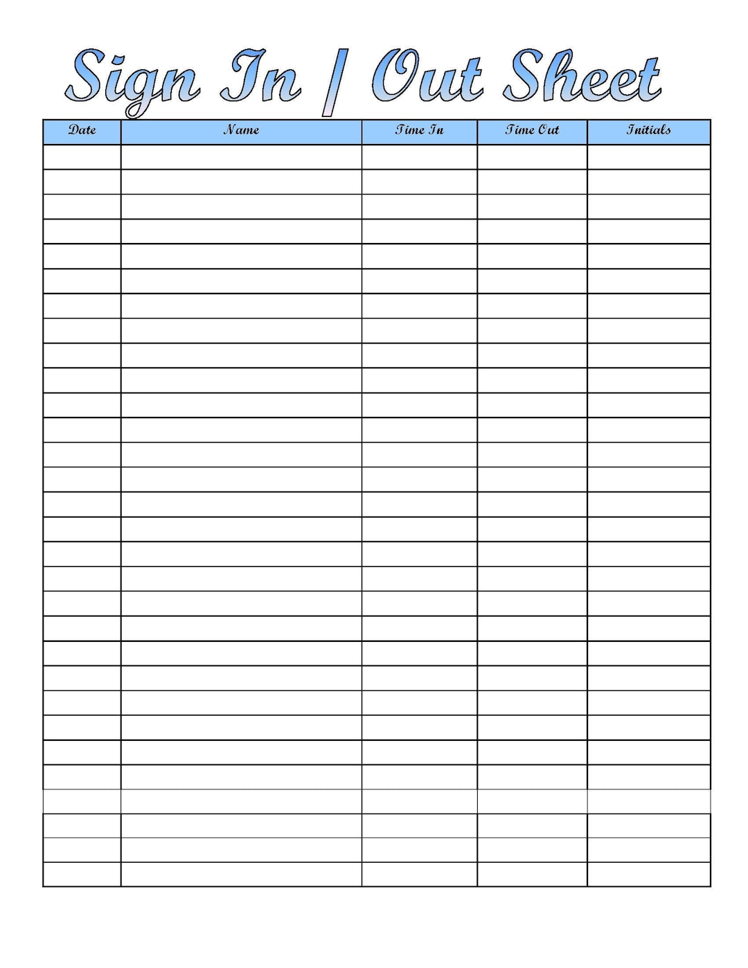 Sign in and Out Sheet Printable Form, Digital File, Instant Download ...