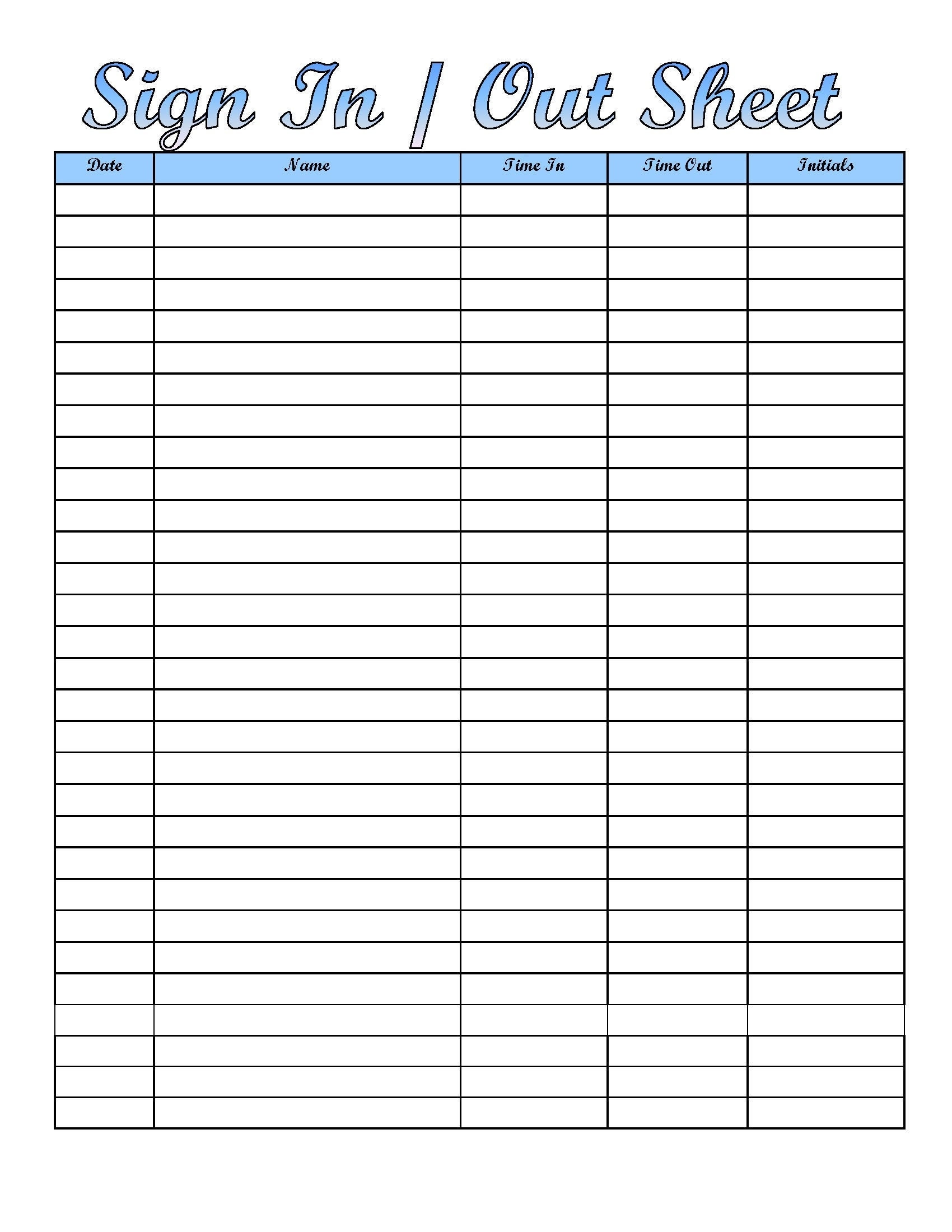 Sign in and Out Sheet Printable Form, Digital File, Instant Download ...