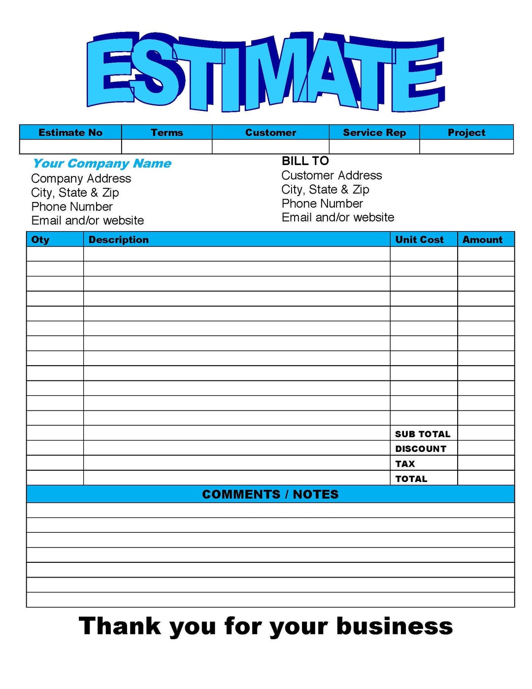ESTIMATE-INVOICE Template | Spring Blue | Printable Form | Instant ...