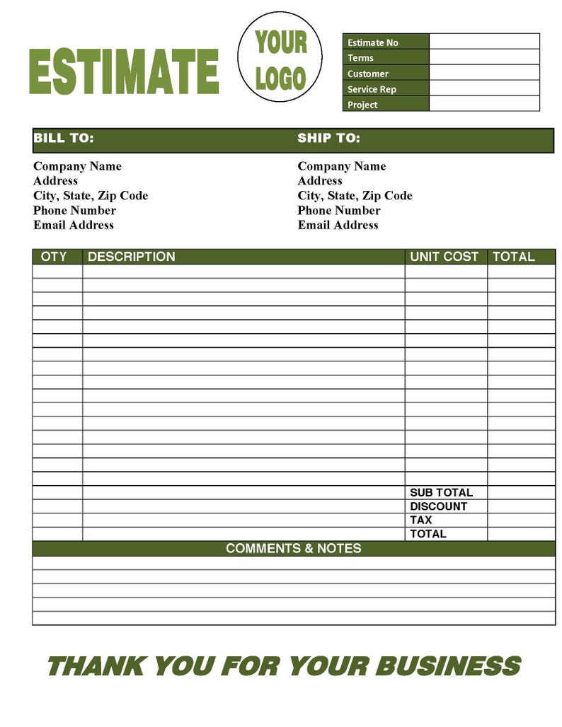 Estimate - Invoice Template | Word | Printable | Download| Green ...