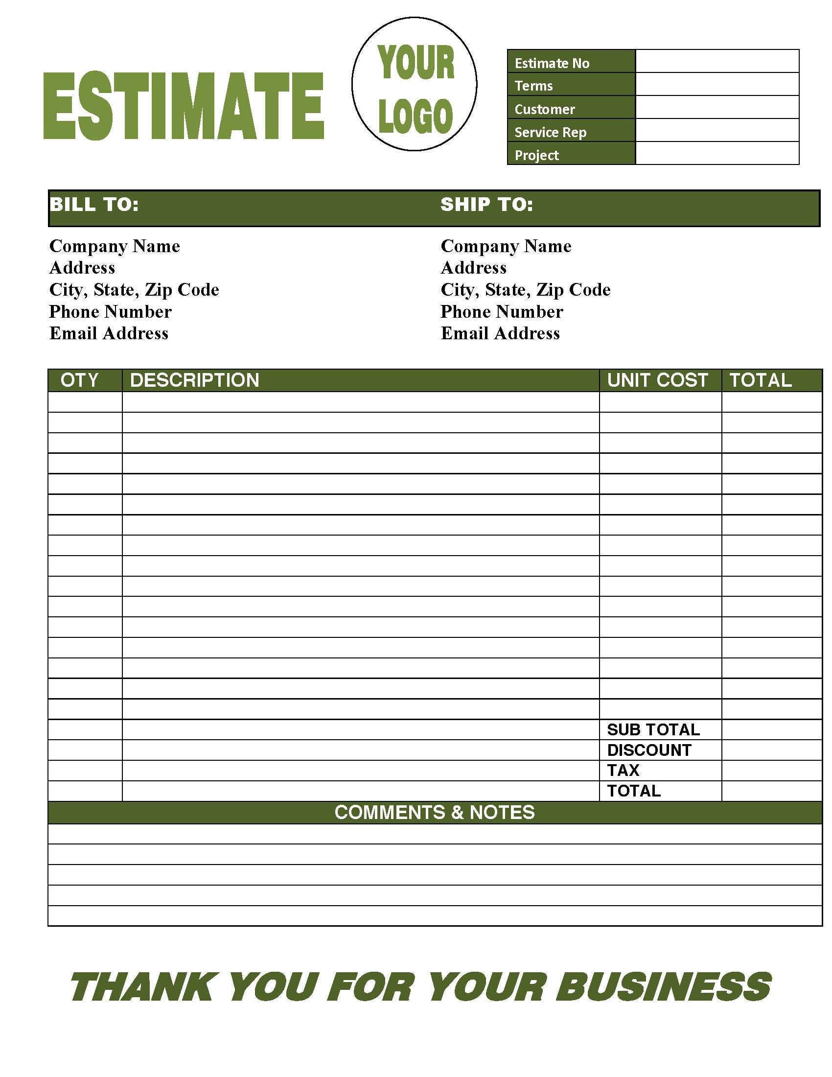 Estimate - Invoice Template | Word | Printable | Download| Green ...