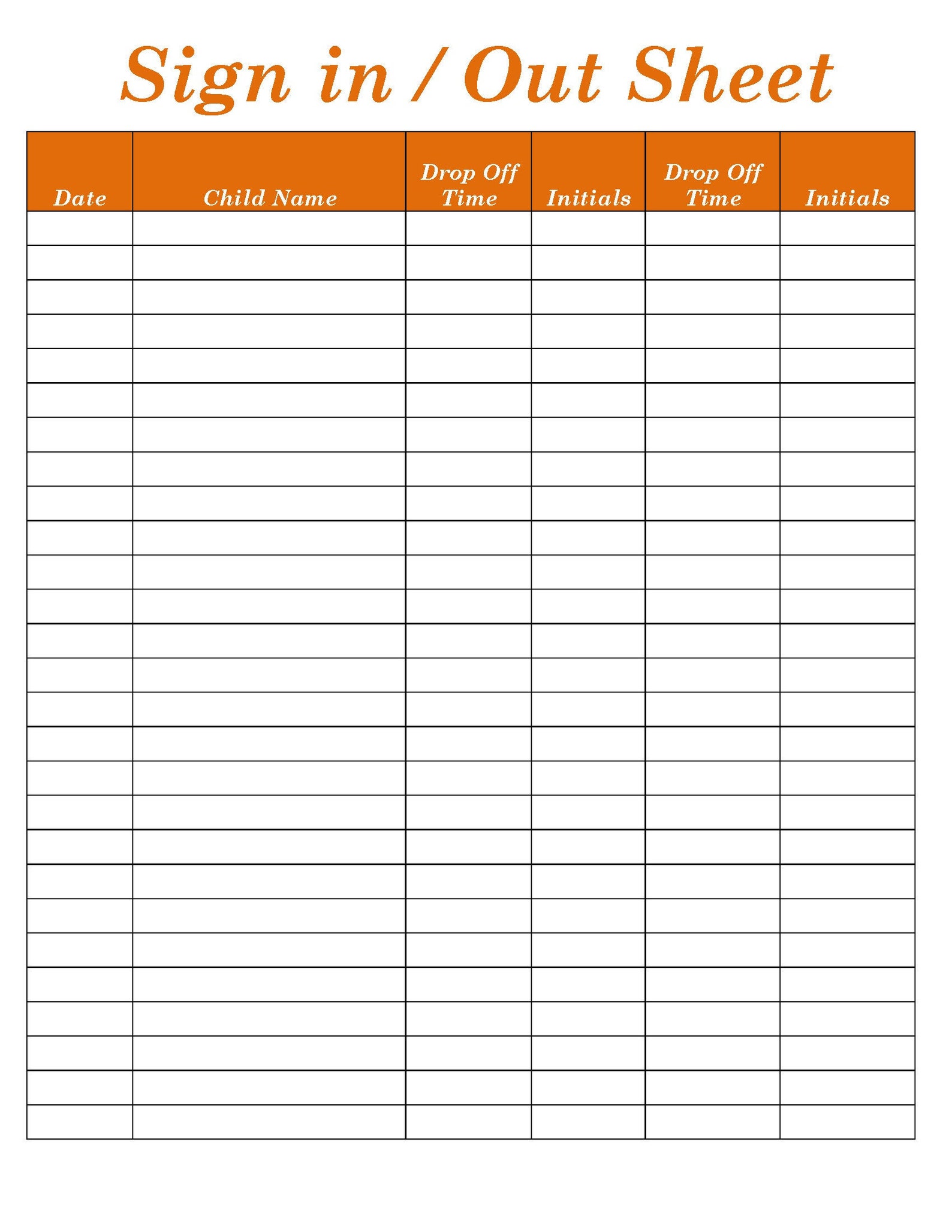 Sign in and Out Sheet , Printable Form, Digital File, Instant Download ...