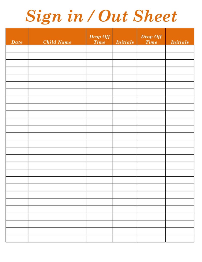 Sign in and Out Sheet , Printable Form, Digital File, Instant Download, Editable, Spring Orange ...