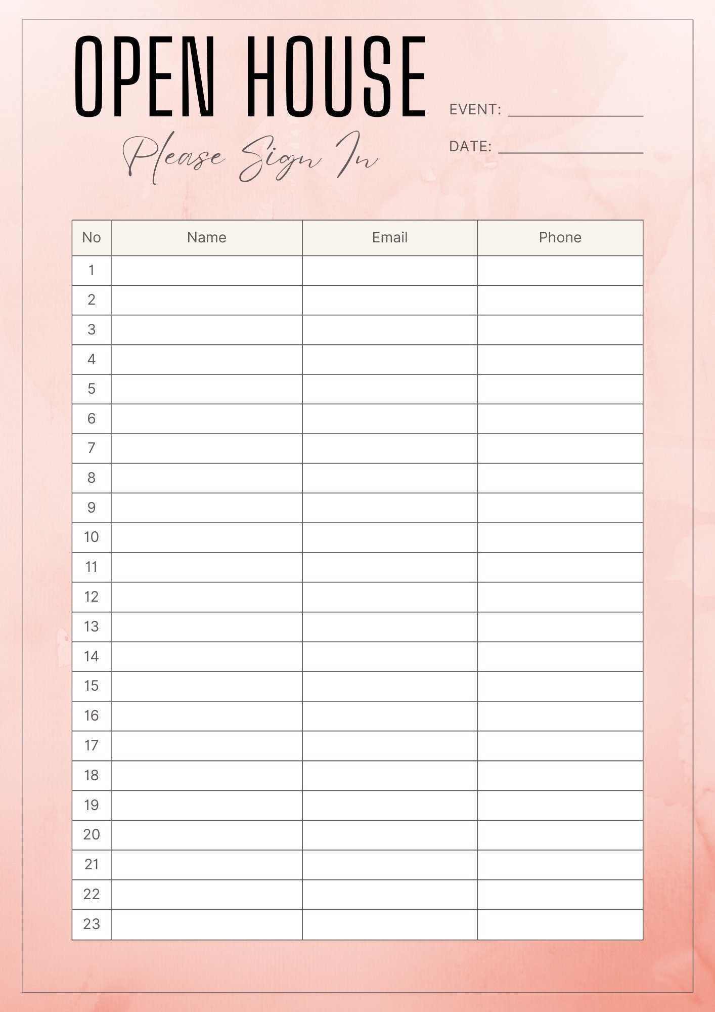 Open House Sign-in Sheet Template – Guest List PDF - Etsy