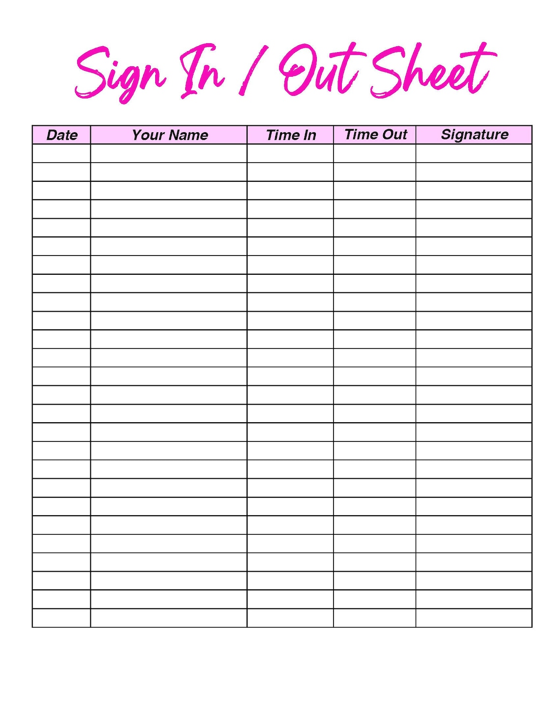 Sign in and Out Sheet Printable Form, Digital File, Instant Download ...