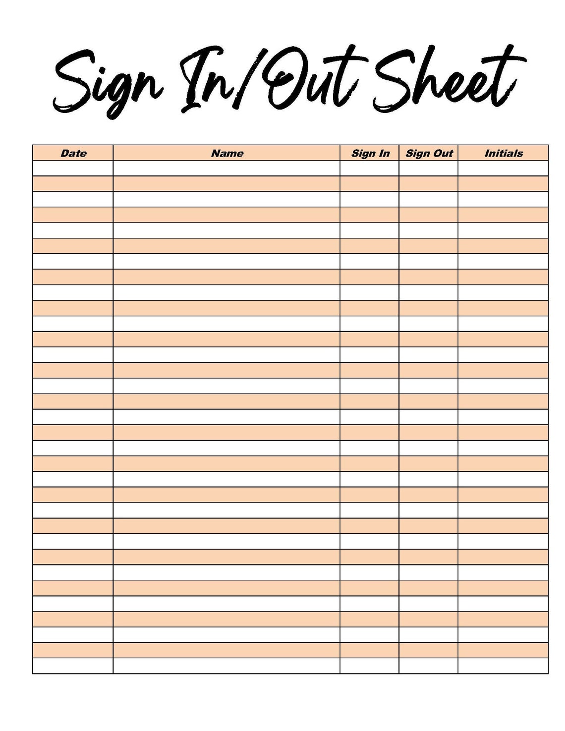 Sign in and Out Sheet , Printable Form, Digital File, Instant Download ...