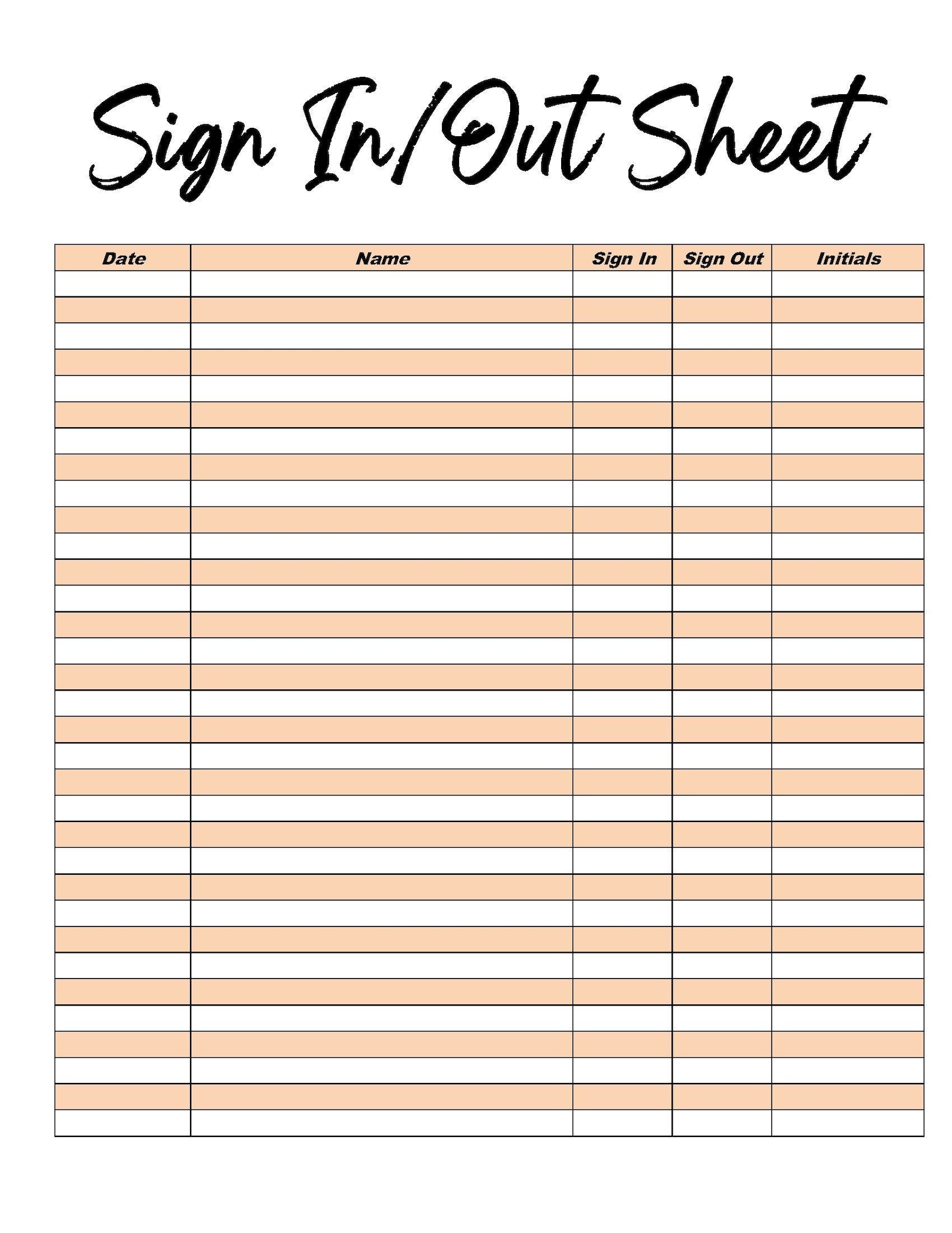 Sign in and Out Sheet , Printable Form, Digital File, Instant Download ...