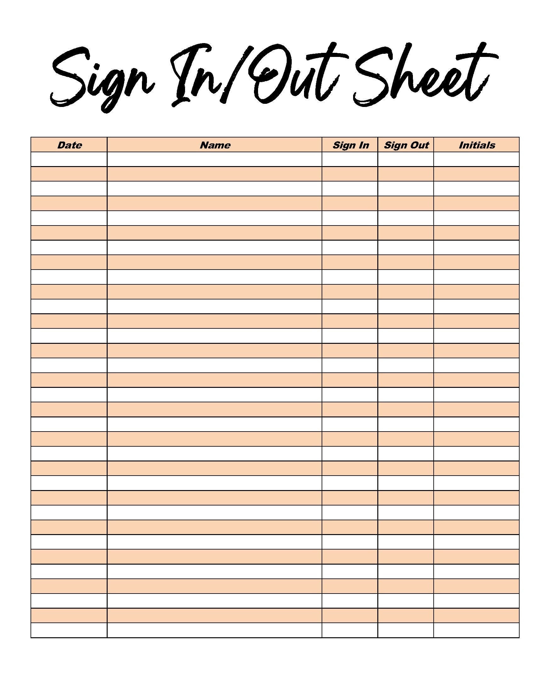 Sign in and Out Sheet , Printable Form, Digital File, Instant Download ...