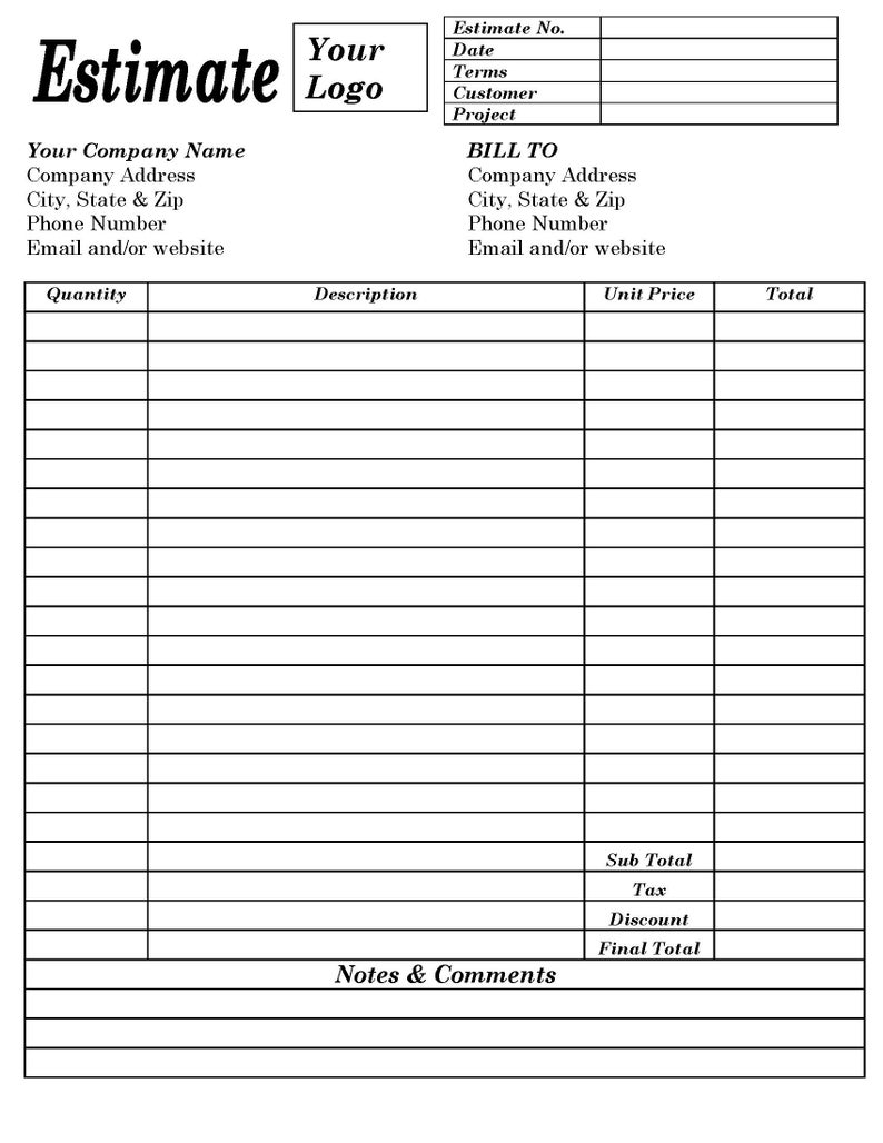 Estimate-invoice Template | Printable | Download| Black- White ...