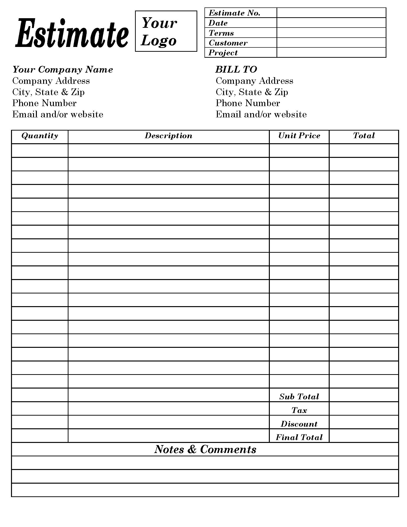 Estimate-invoice Template | Printable | Download| Black- White ...