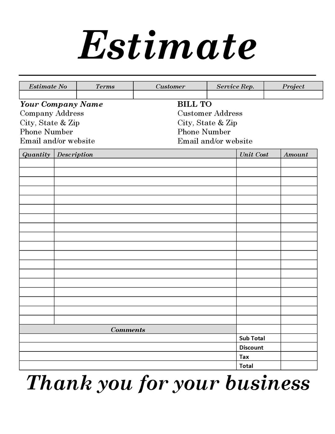 Estimate-invoice | Template Word | Printable | Download| Grayish ...