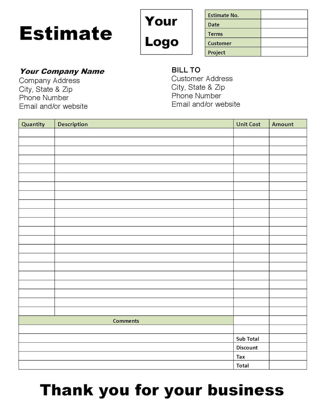 ESTIMATE-INVOICE Template | Light Green | Editable | Instant Download ...