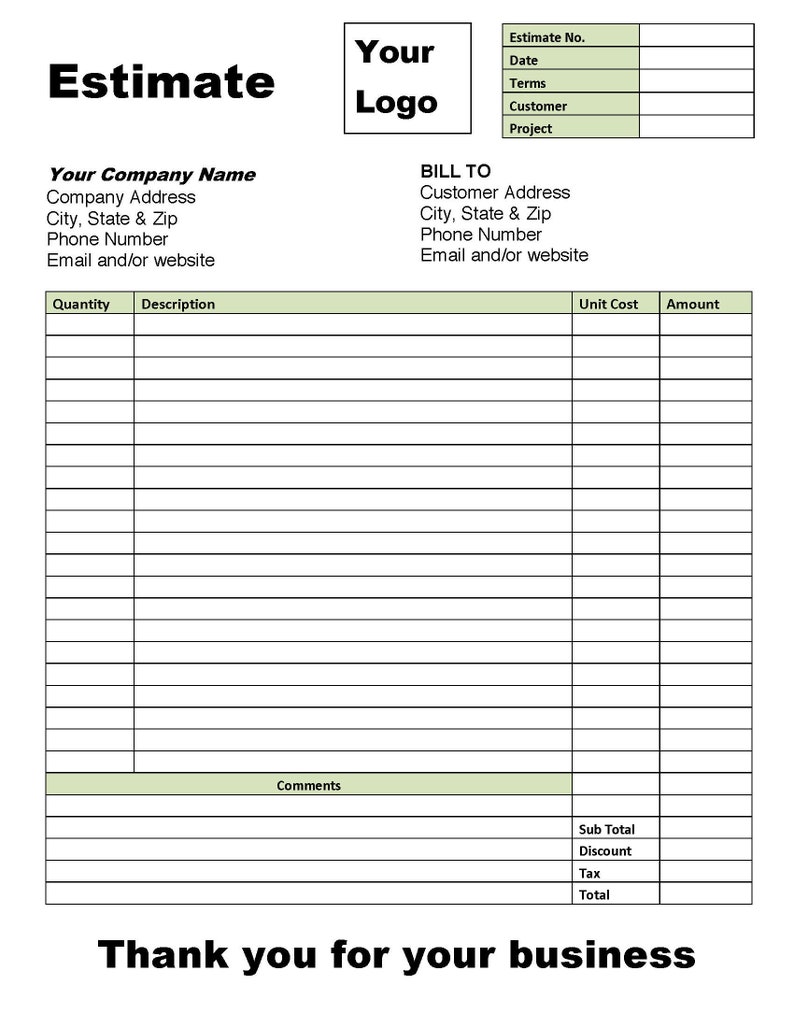 ESTIMATE-INVOICE Template | Light Green | Editable | Instant Download ...