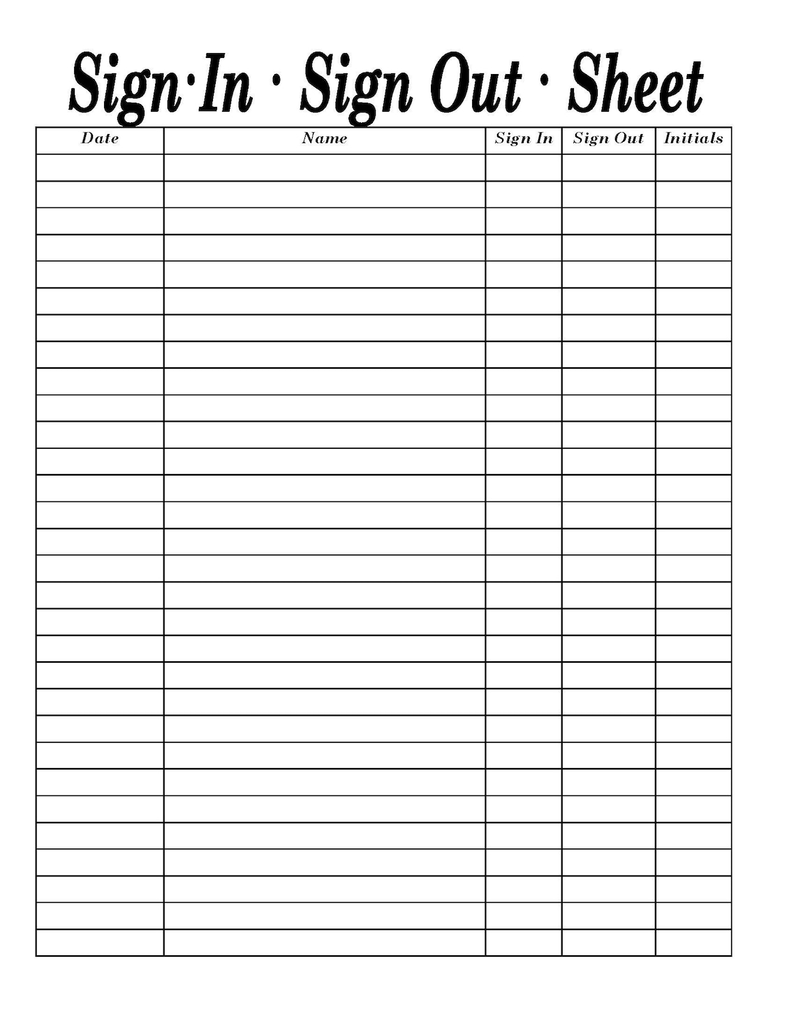 Sign in and Out Sheet , Printable Form, Digital File, Instant Download ...