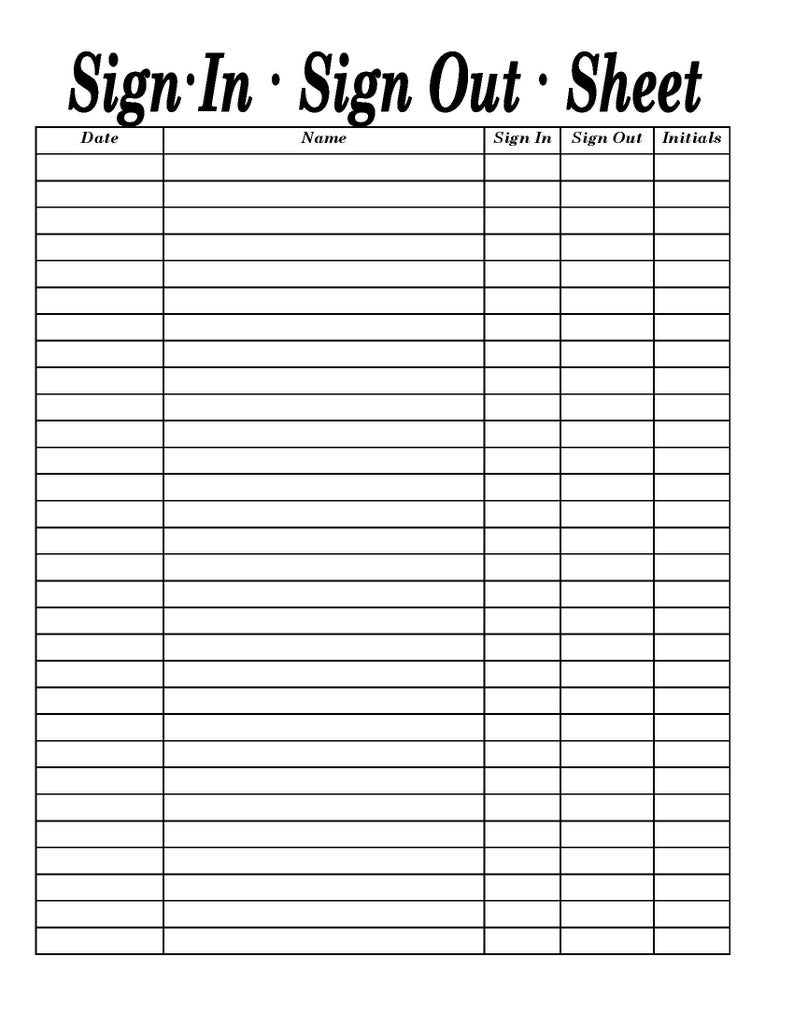 Sign in and Out Sheet , Printable Form, Digital File, Instant Download ...