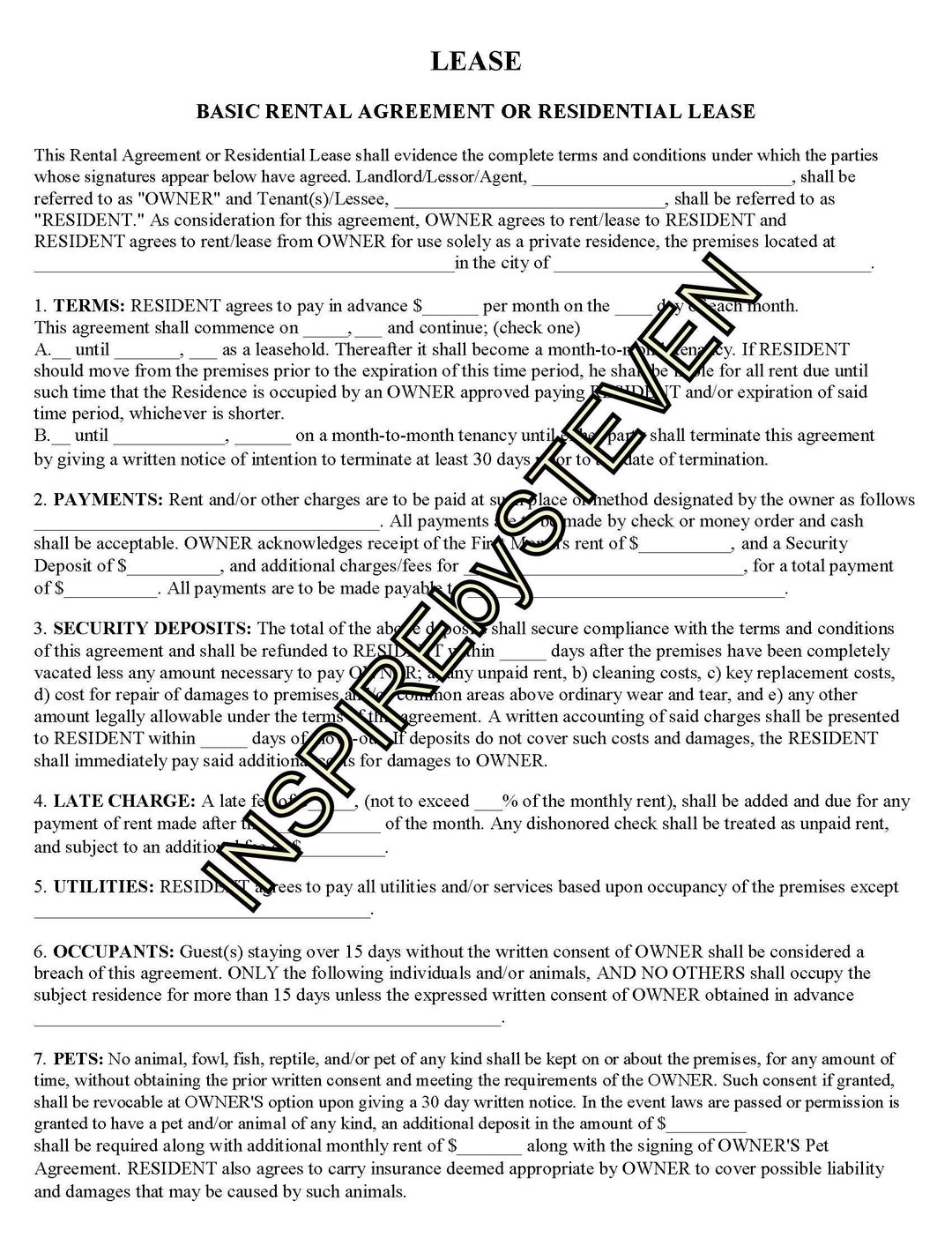 LEASE | Basic Rental Agreement or Residential Lease - Etsy