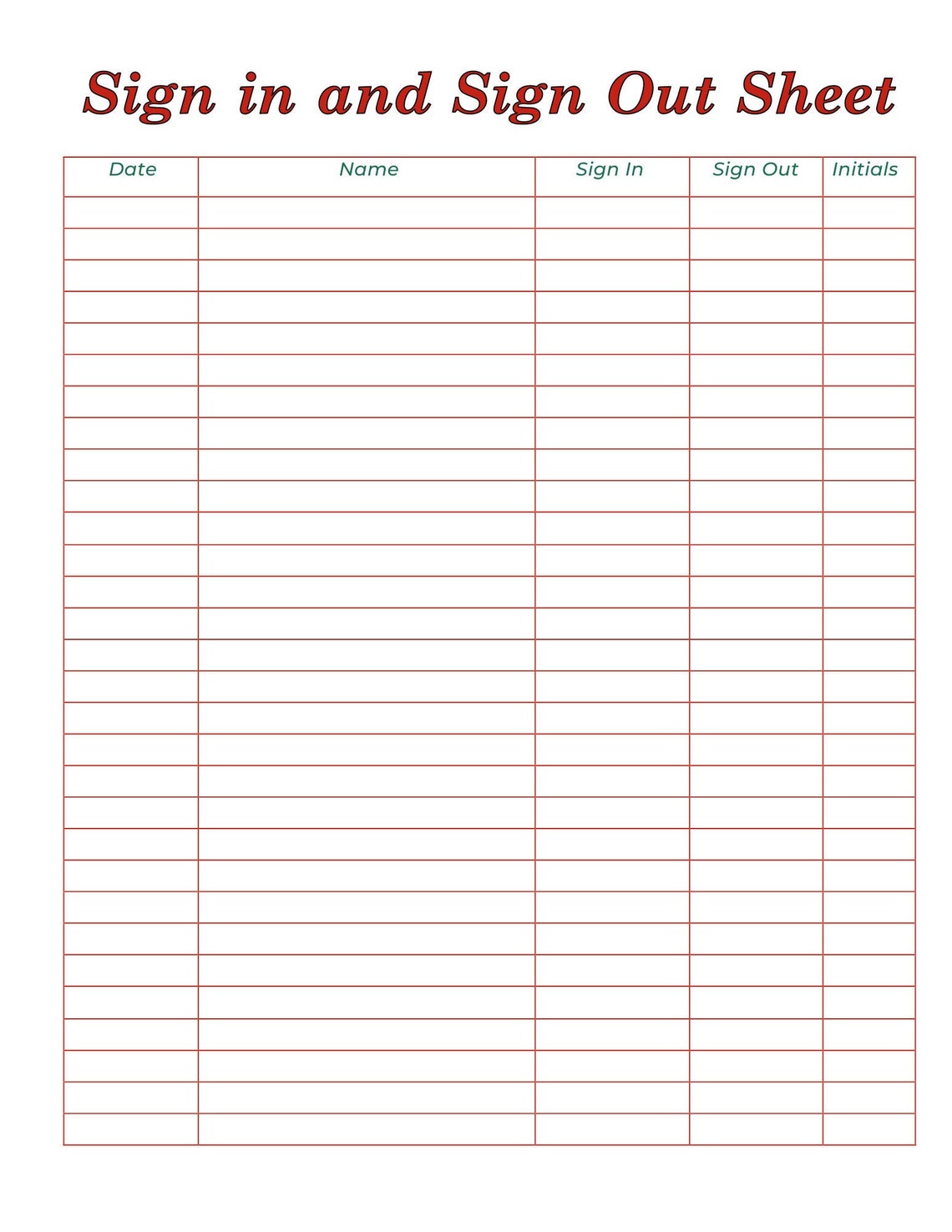 Sign in and Sign Out Sheet Printable Form Digital File - Etsy