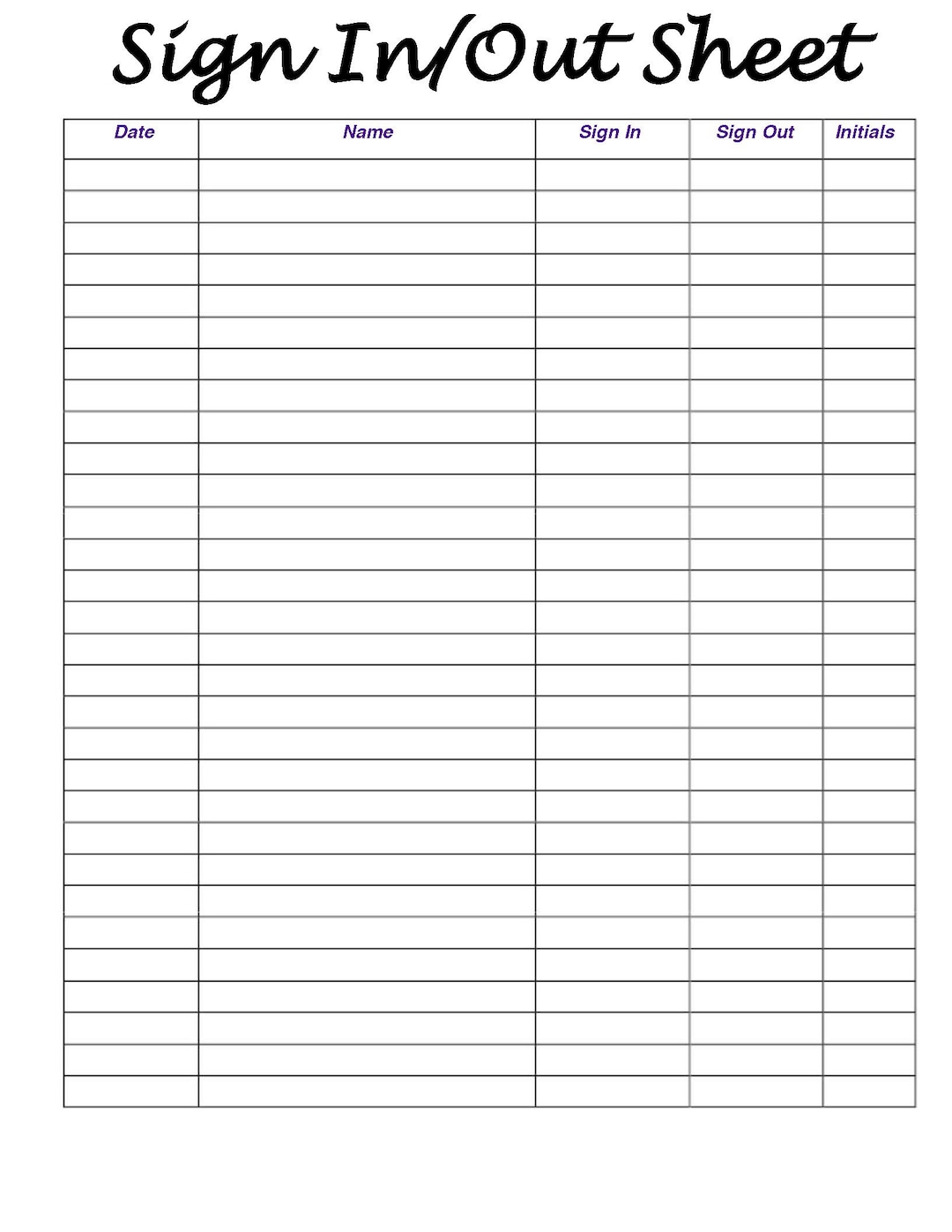 Sign in and Out Sheet Printable Form, Digital File, Instant Download ...