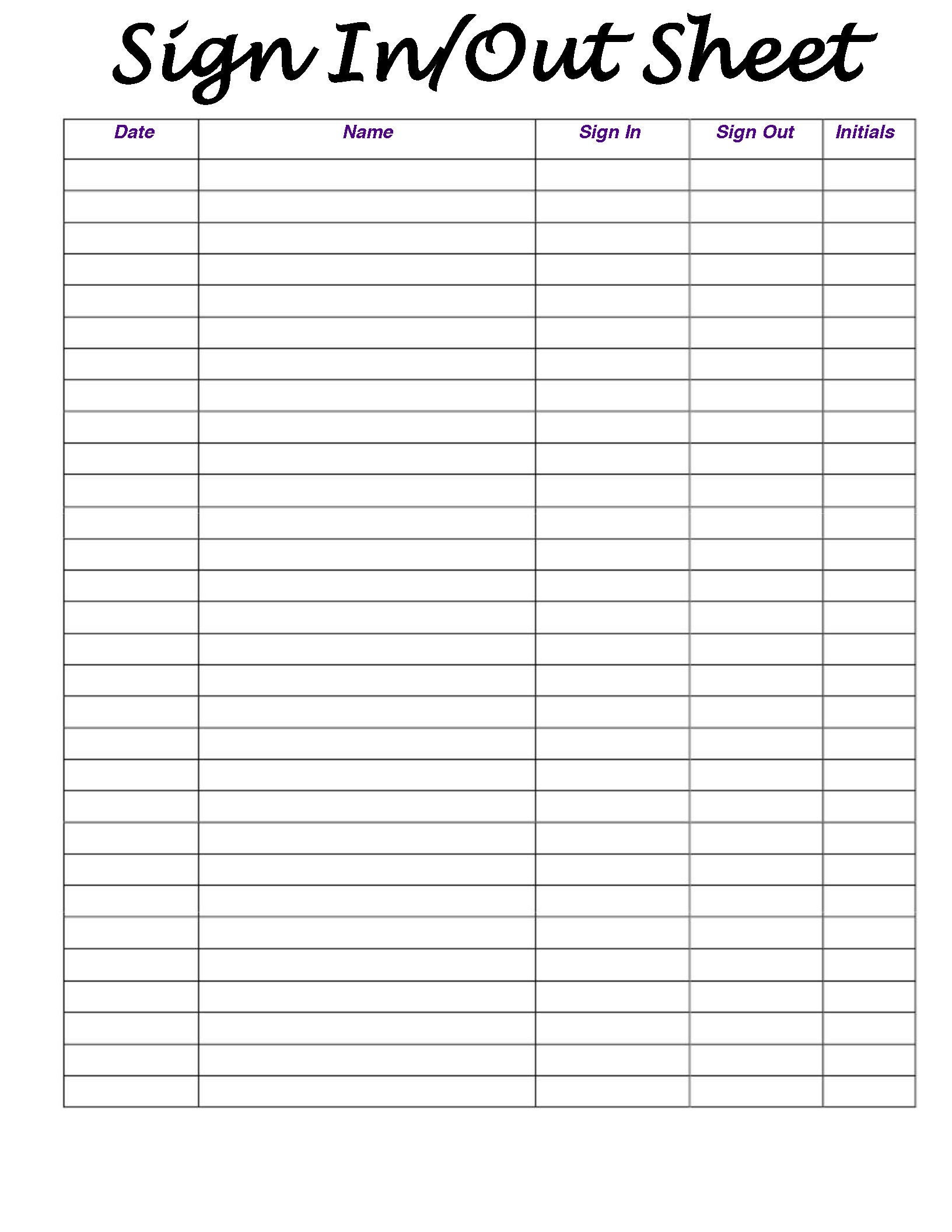 Sign in and Out Sheet Printable Form, Digital File, Instant Download ...