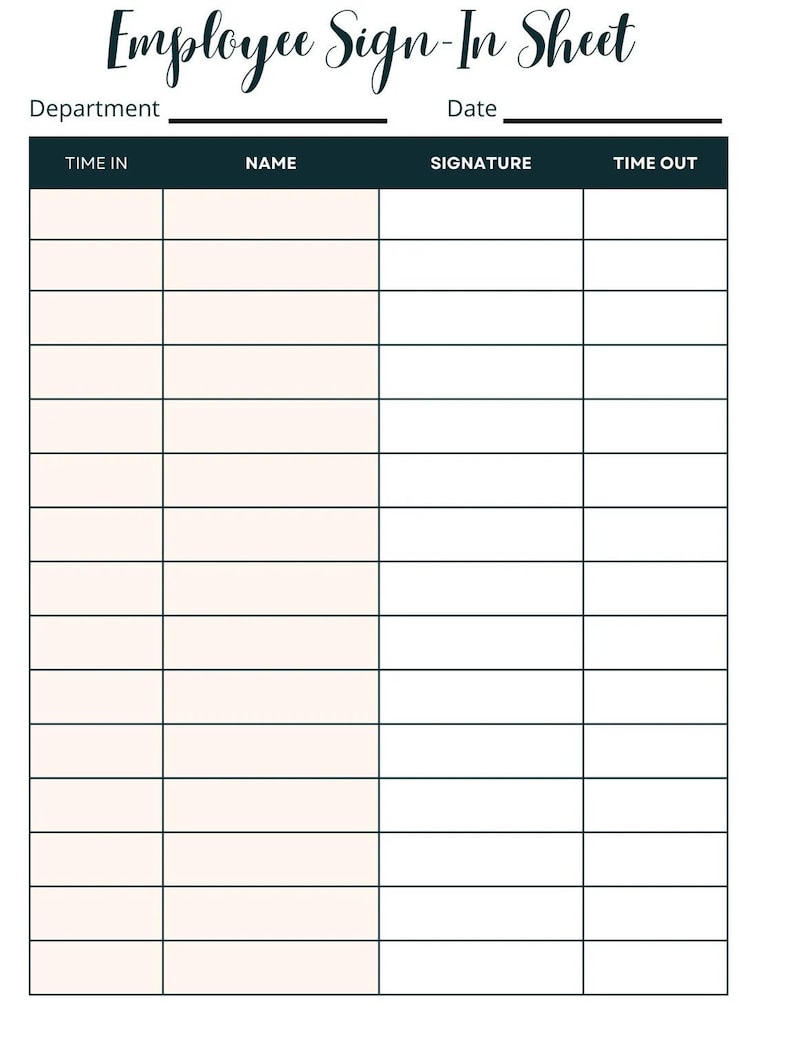 Employee Sign in Sheet , Printable Form, Digital File, Instant Download ...