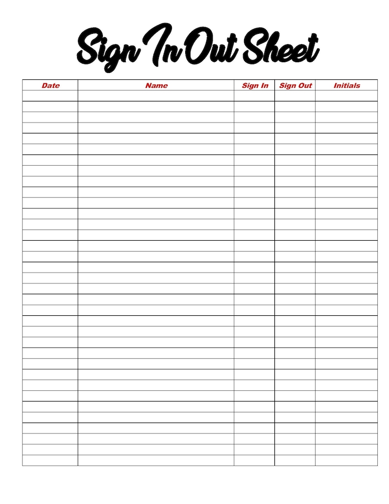 Sign In/out Sheet Printable Form, Digital File, Instant Download ...