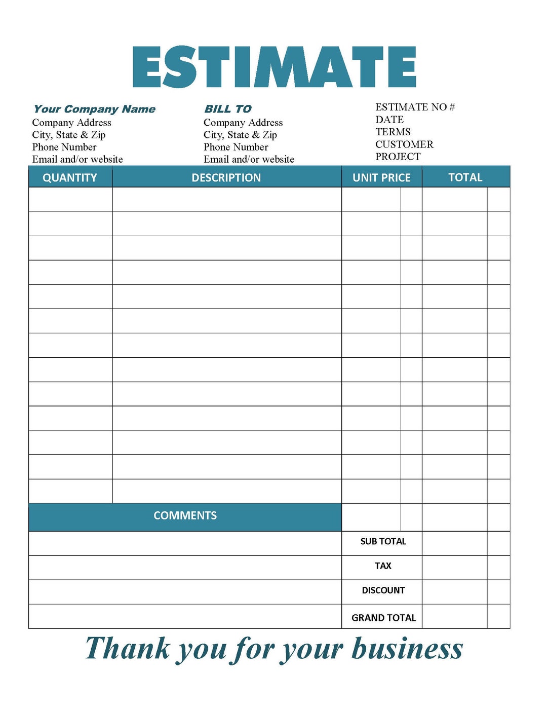 ESTIMATE-INVOICE | Dark Aqua Template |printable Form | Instant ...