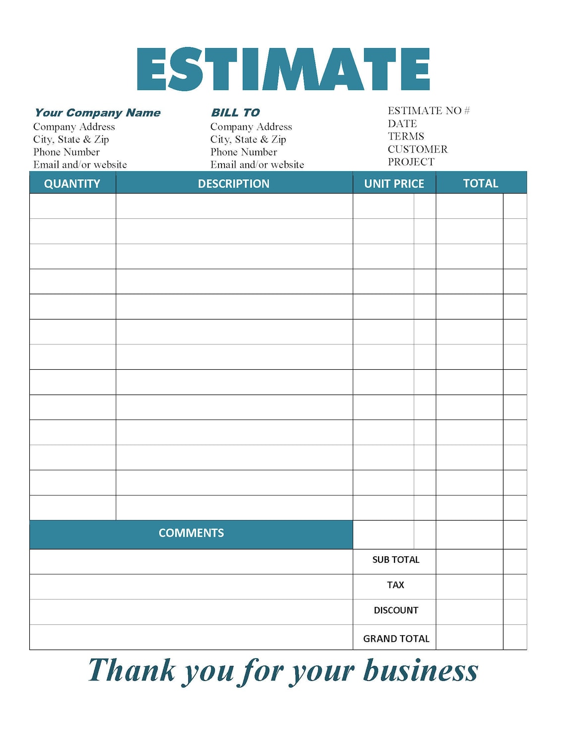 ESTIMATE-INVOICE | Dark Aqua Template |printable Form | Instant ...