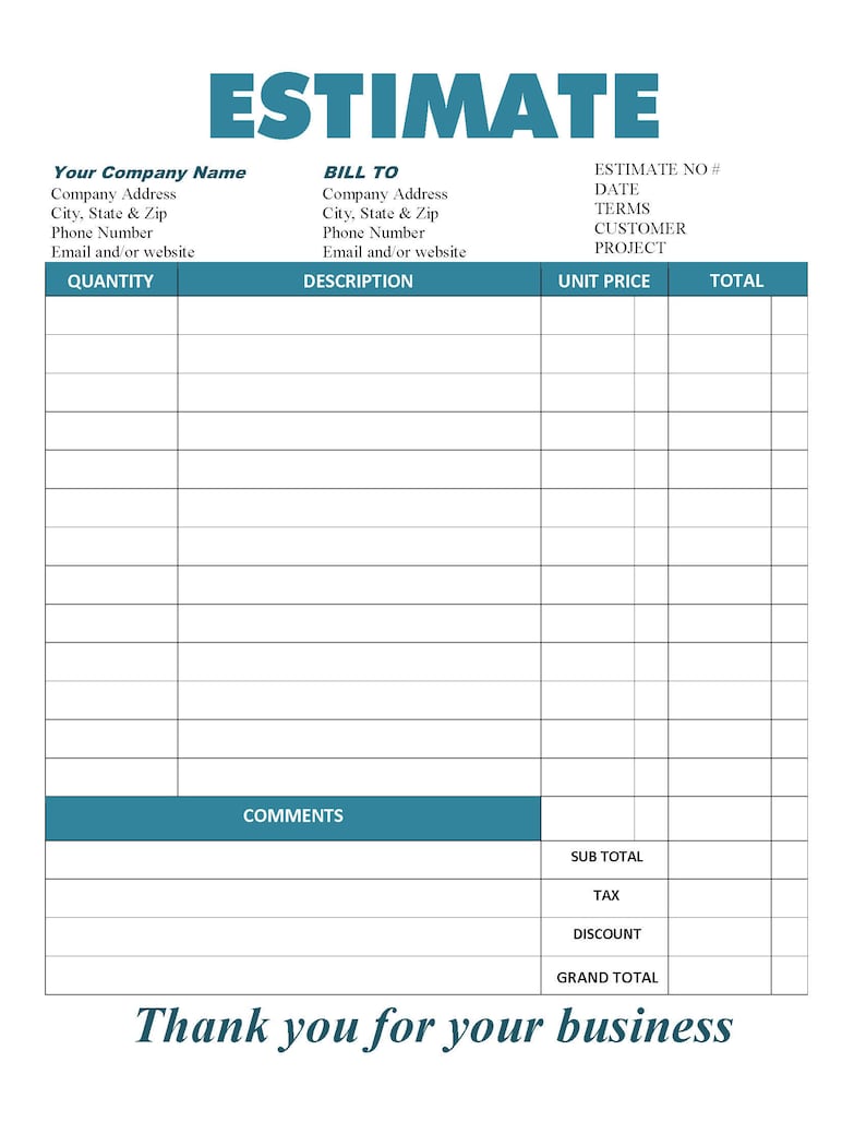 ESTIMATE-INVOICE | Dark Aqua Template |printable Form | Instant ...