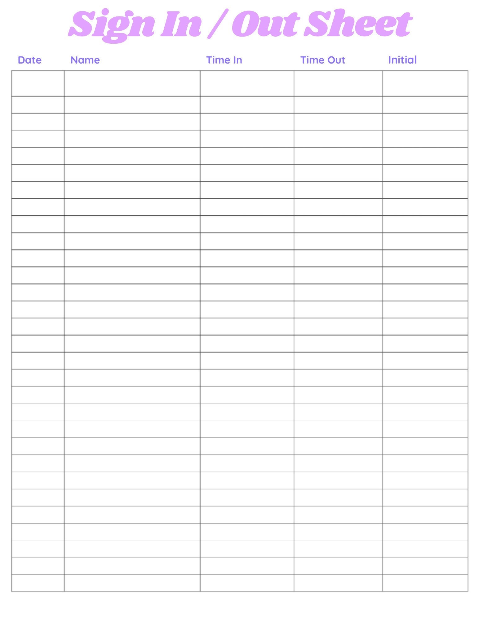 Sign in and Out Sheet Printable Form, Digital File, Instant Download ...