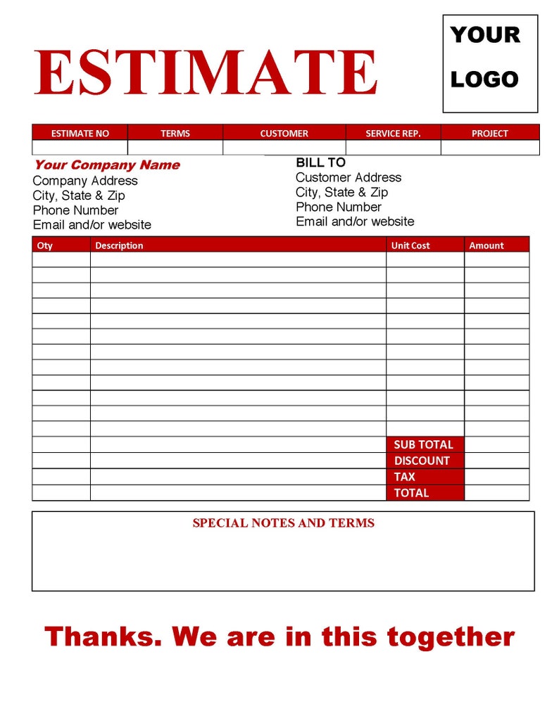 ESTIMATE-INVOICE Template | Autumn Red | Printable Form | Instant ...