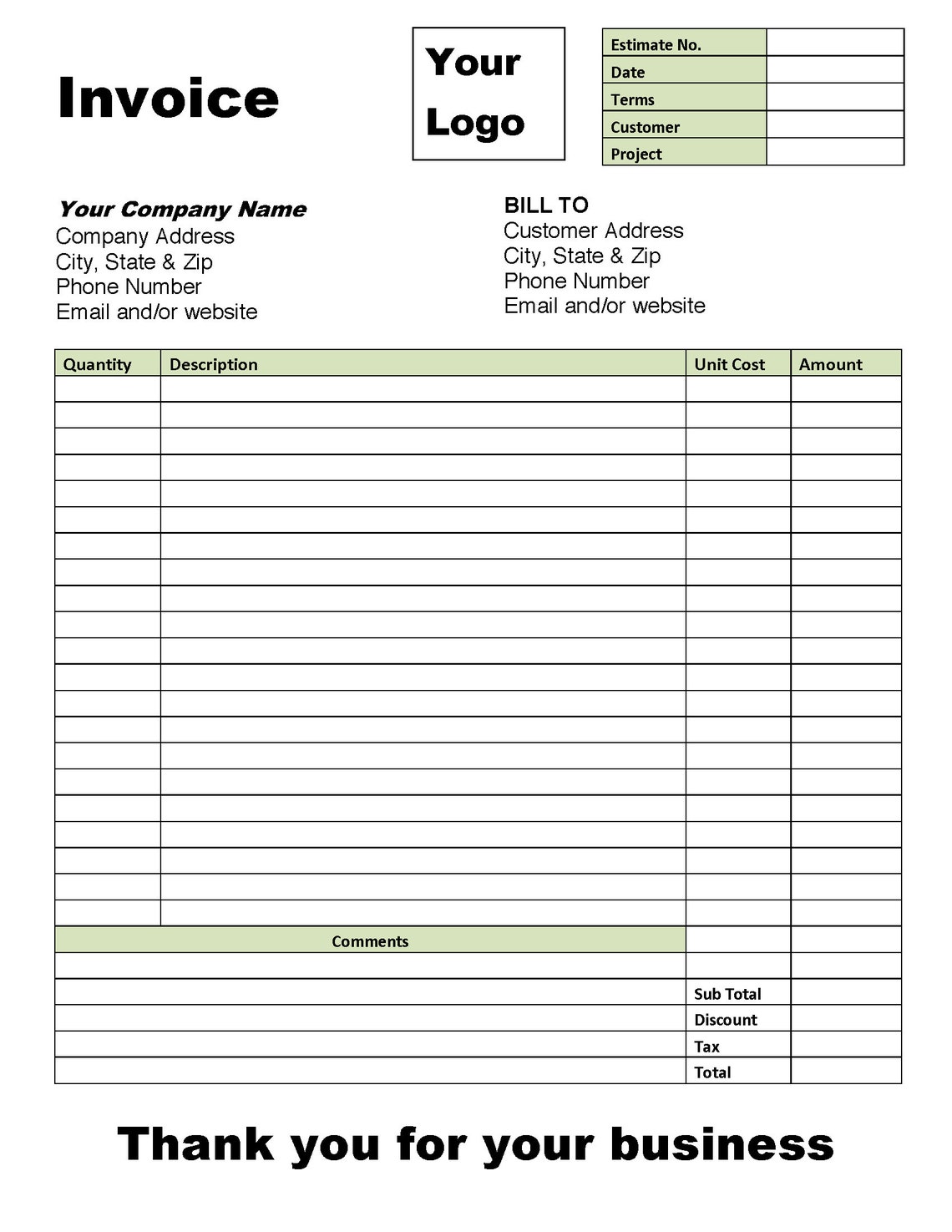 ESTIMATE-INVOICE Template | Light Green | Editable | Instant Download ...