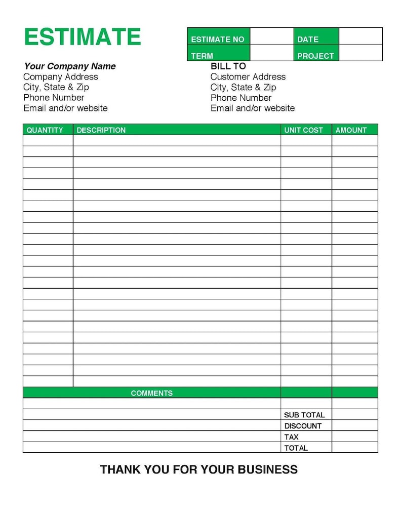 ESTIMATE-INVOICE Template | Green Lined |printable Form | Instant ...