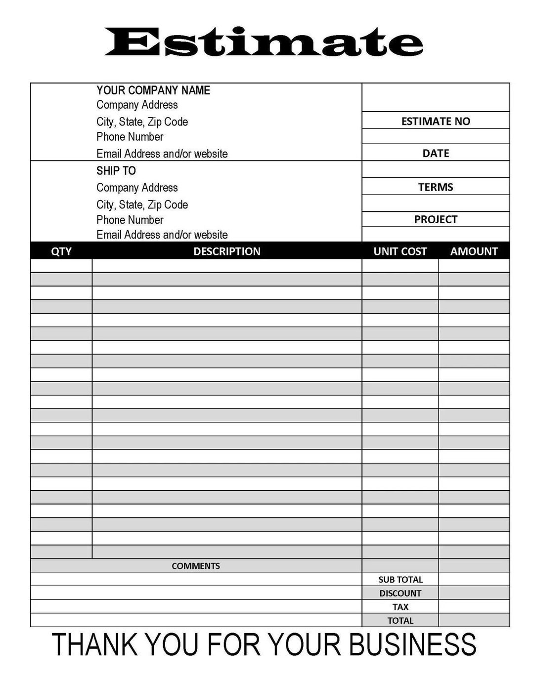 ESTIMATE-INVOICE Template| Lined Black-grayscale | Printable Form ...