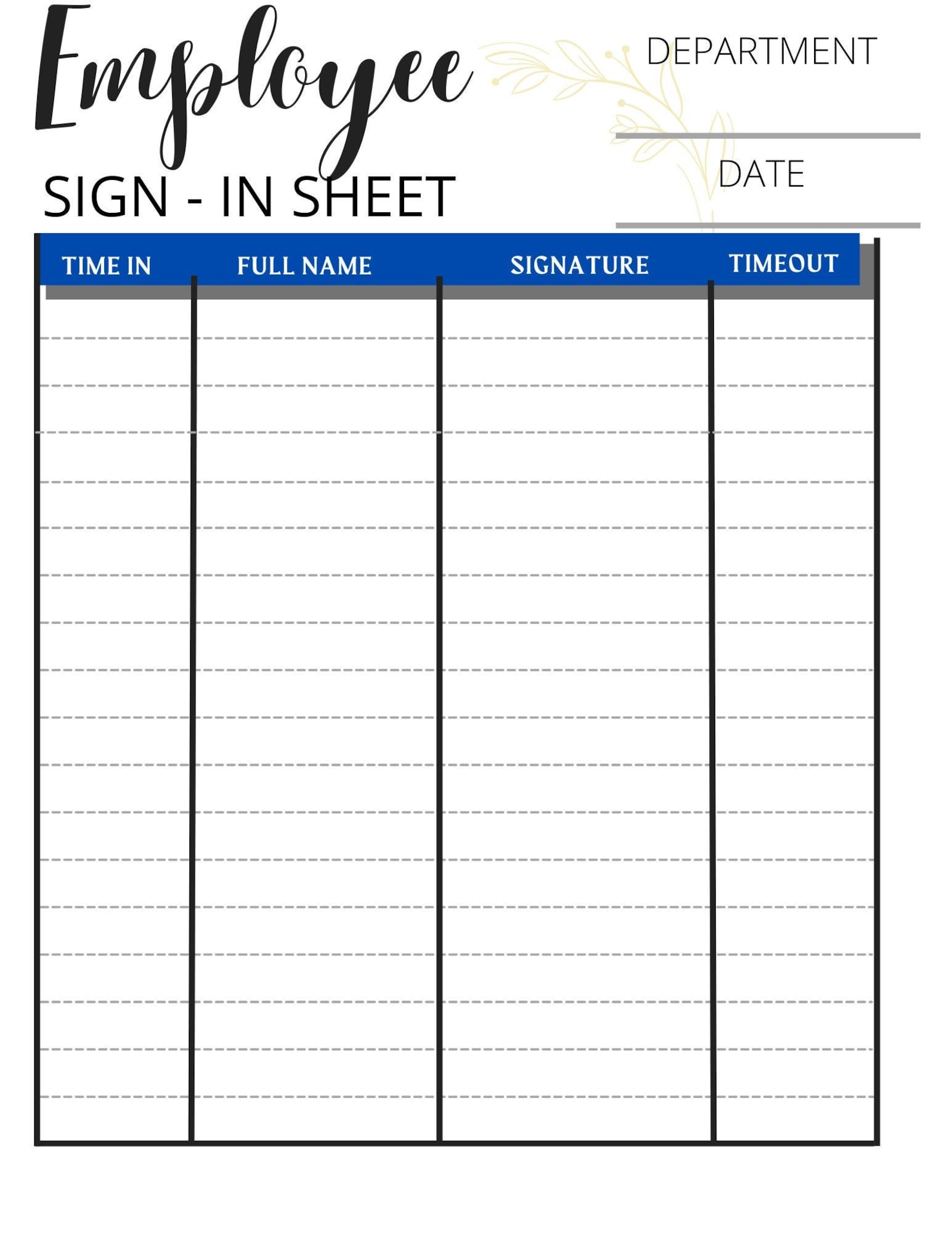 Employee Sign in Sheet, Printable Form, Digital File, Instant Download ...