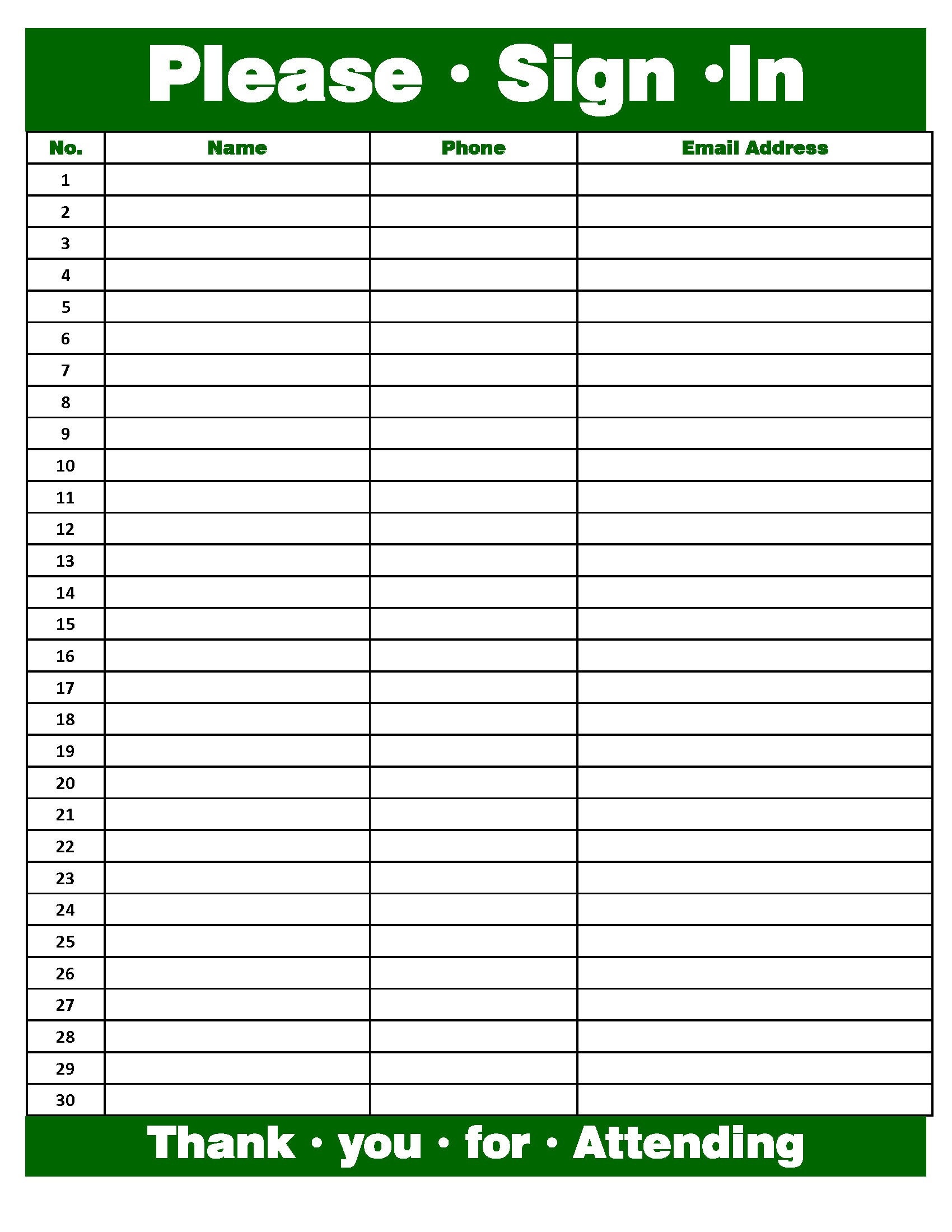 Sign in Sheet ,template, Green Versatile Printable and Editable, Client ...