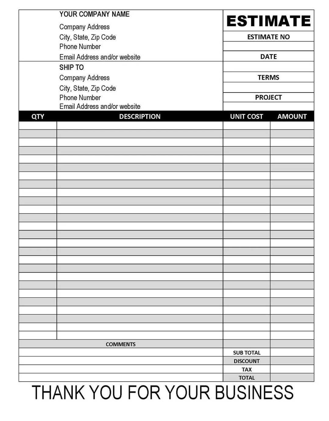 ESTIMATE-INVOICE Template | Black-grayscale Lined | Printable Form ...