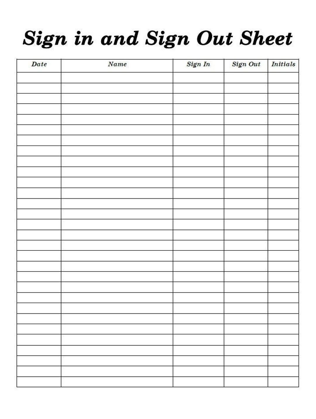 Sign in and Out Sheet Printable Form, Digital File, Instant Download ...