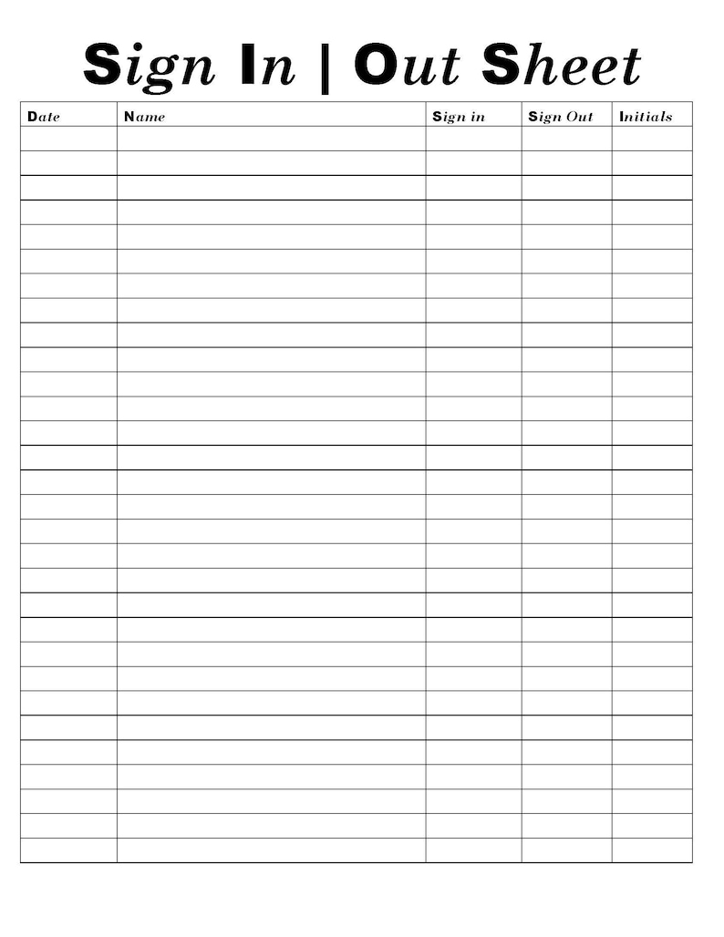 Sign in and Out Sheet Printable Form, Digital File, Instant Download ...